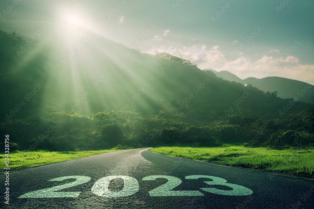 New year 2023, Concept photo written on the road in the middle of ...