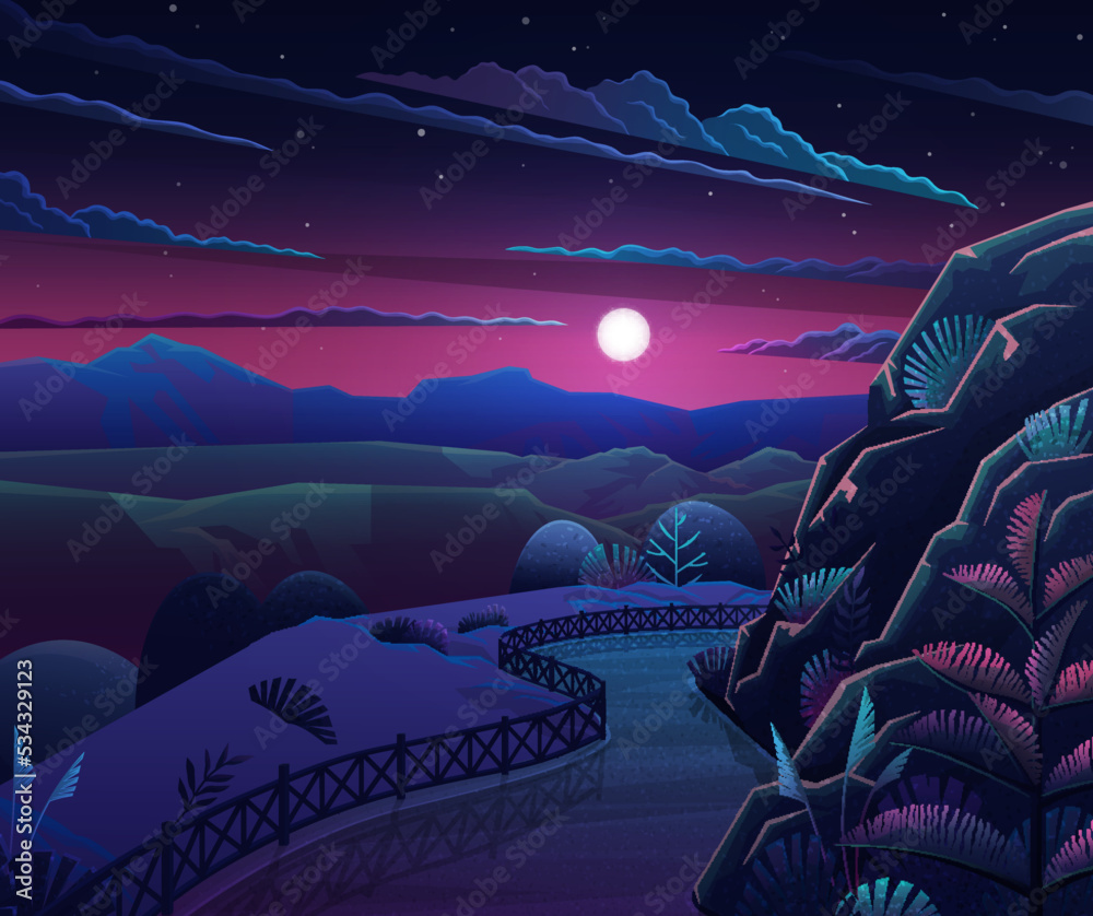 Night in mountaine road, vector cartoon scenery. Hills and tall trees ...
