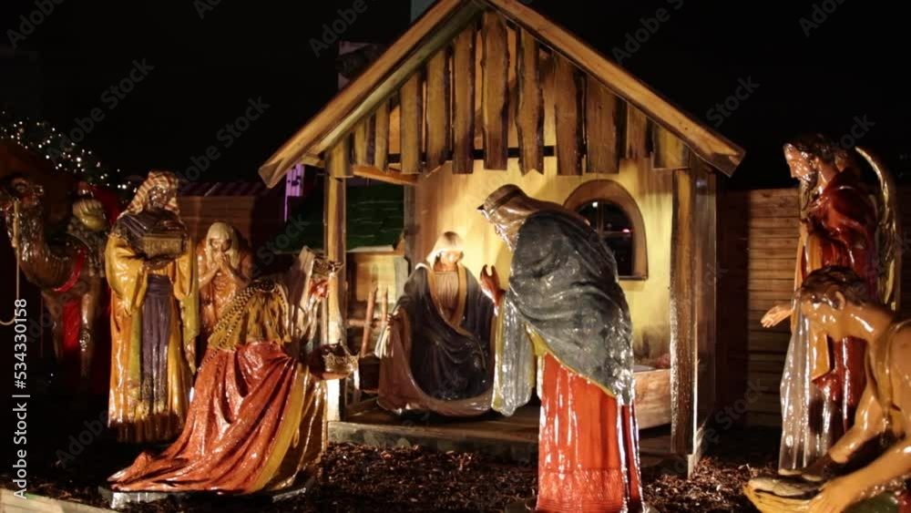 Nativity scene birth of christ. Christmas manger scene with figurines ...