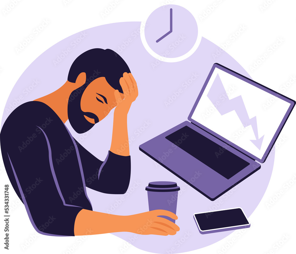 Professional burnout syndrome. Illustration tired office worker sitting ...