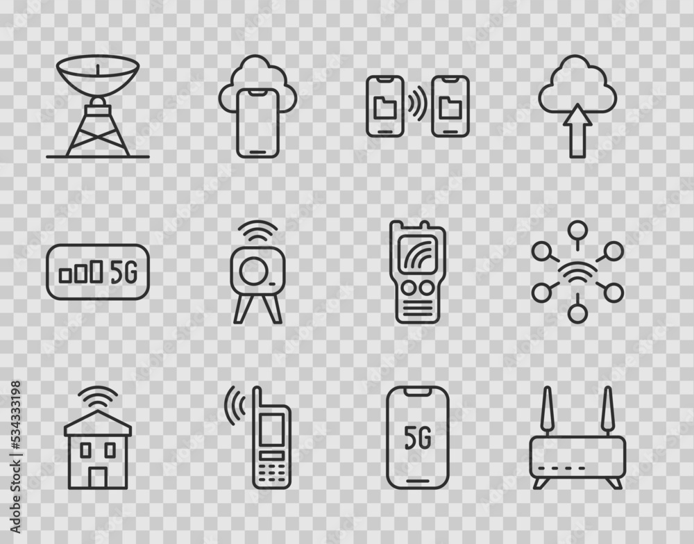 Set line Smart home with wi-fi, Router and signal, Data transfer ...