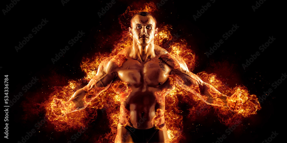 Bodybuilder posing on the fire flames background Stock Photo | Adobe Stock