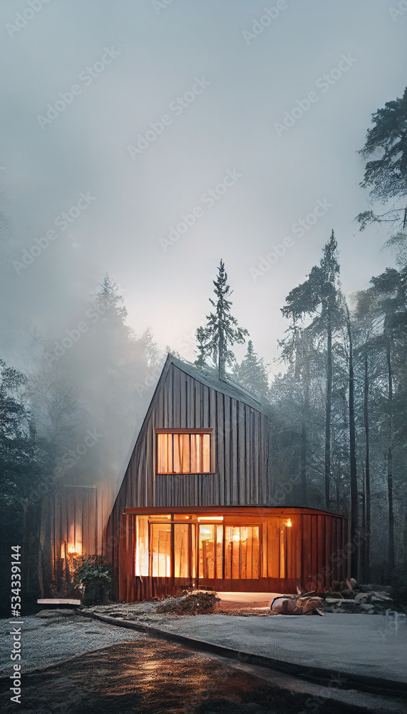 Raster illustration of minimal nordic scandinavian house in the forest ...