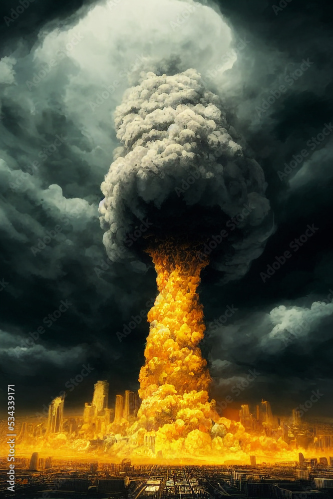 Nuclear Central Explosion Above City Apocalyptic Sky Spectacular Art Illustration.Background or ...