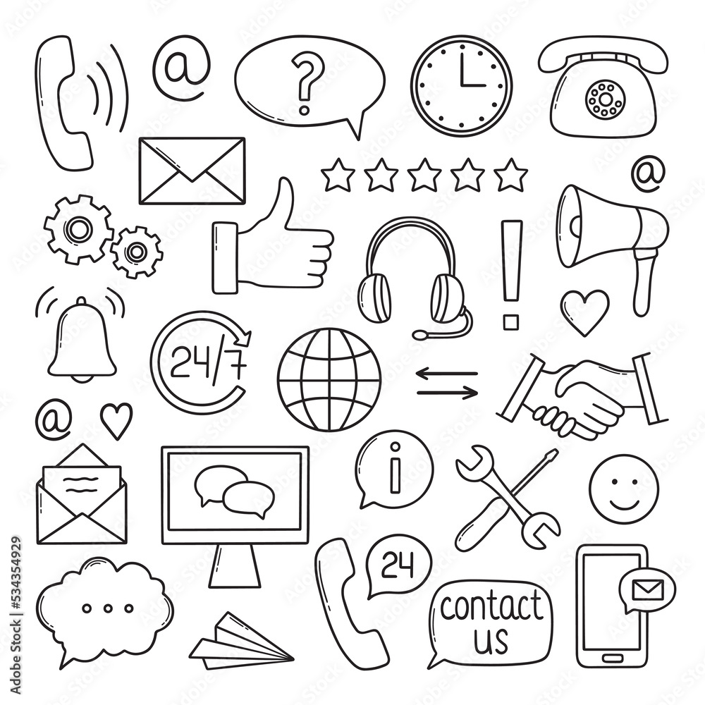 Hand drawn set of customer service doodle icons. Client support, call ... Hand drawn set of customer service doodle icons. Client support, call ...