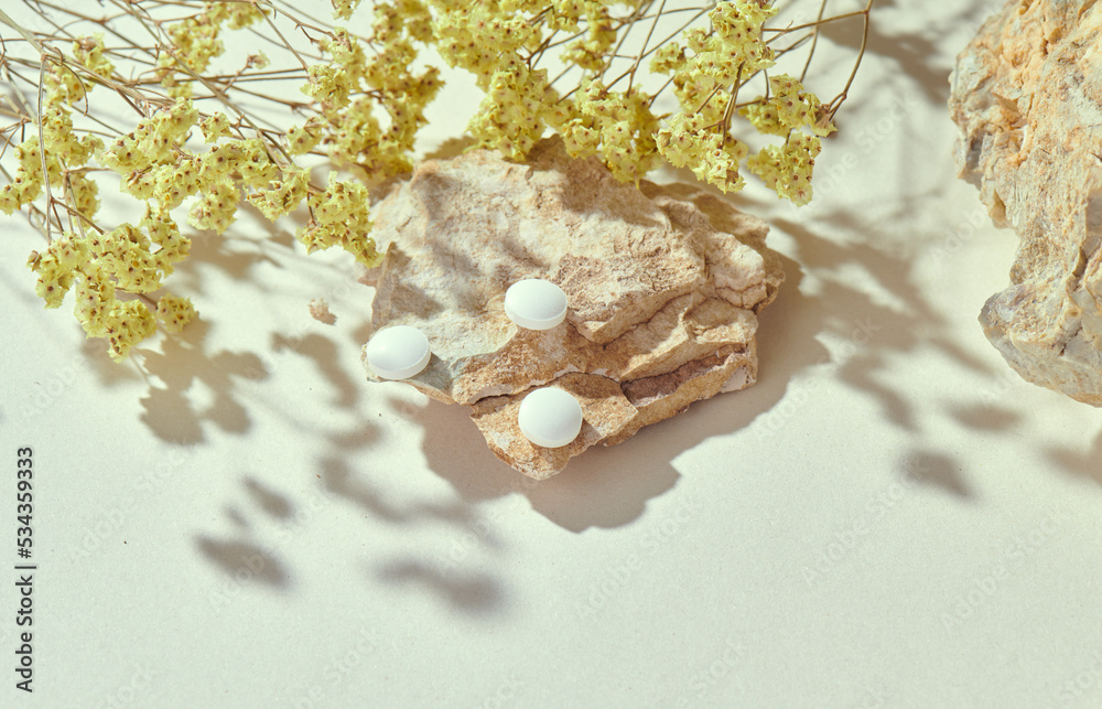 Medicine pills with natural beige background and props. Metformin ...