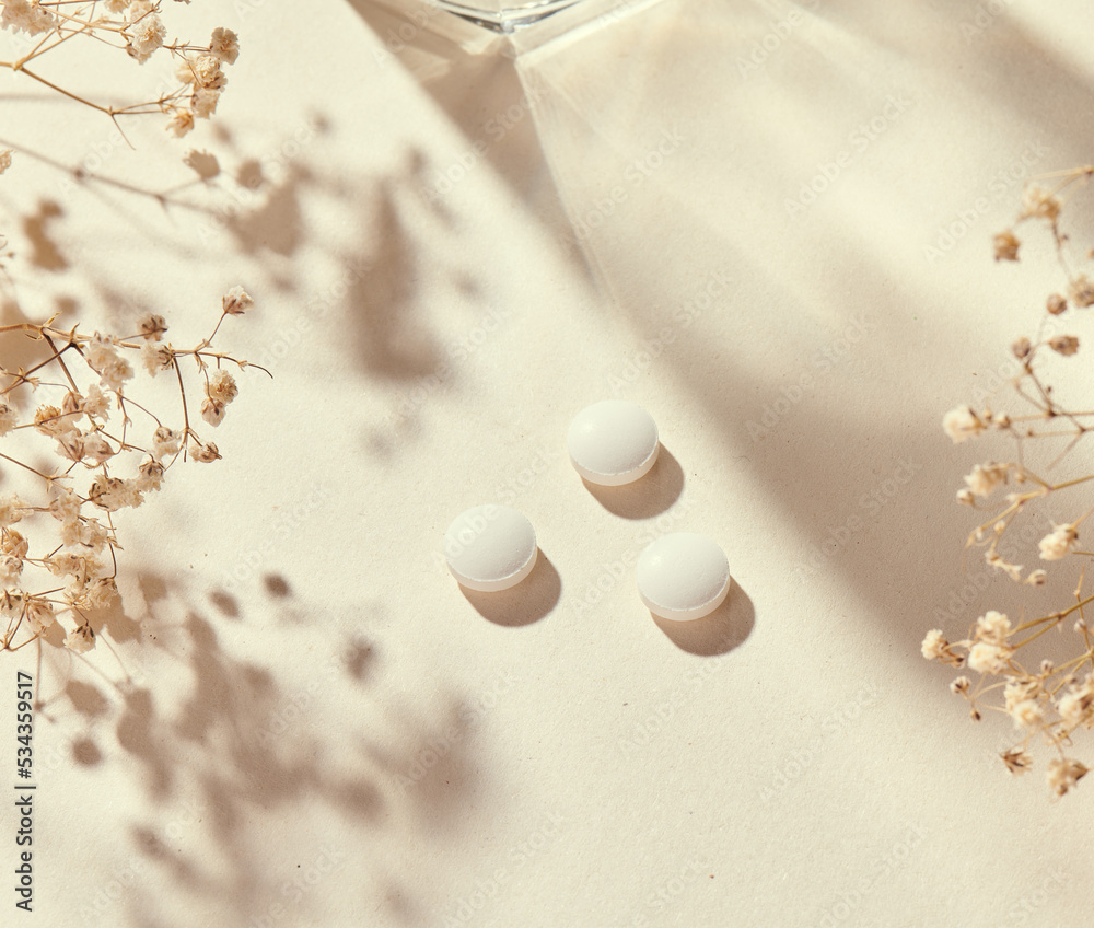 Medicine pills with natural beige background and props. Metformin ...