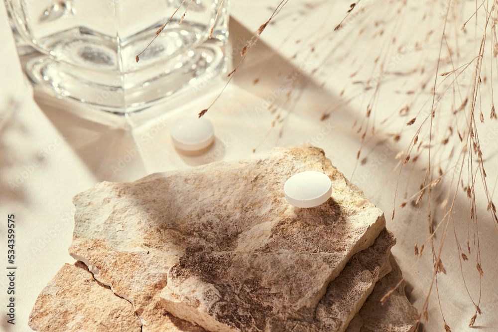 Medicine pills with natural beige background and props. Metformin ...