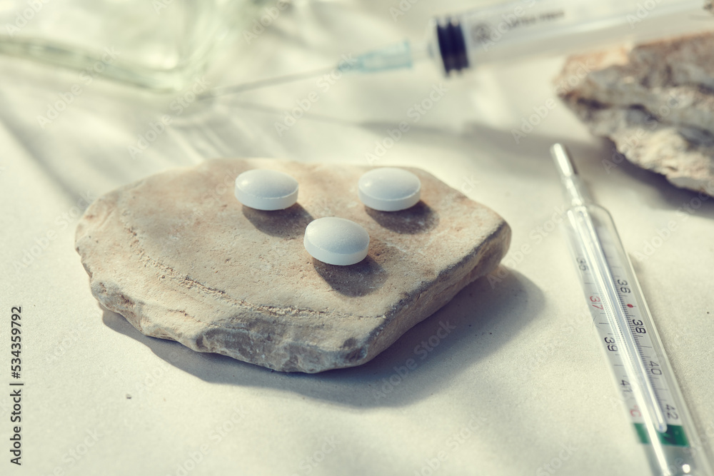 Medicine pills with natural beige background and props. Metformin ...