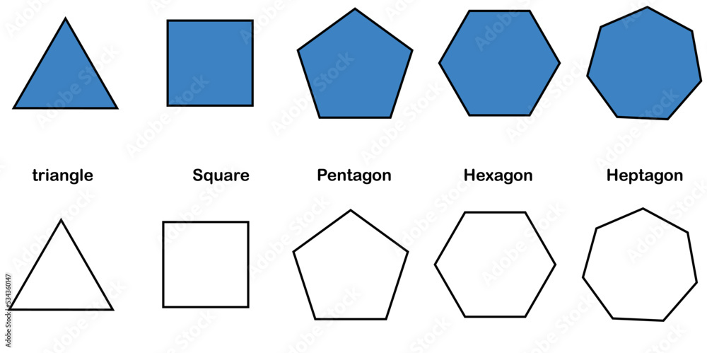 Type of math shapes. Polygons triangle, heptagon, hexagon, pentagon ...