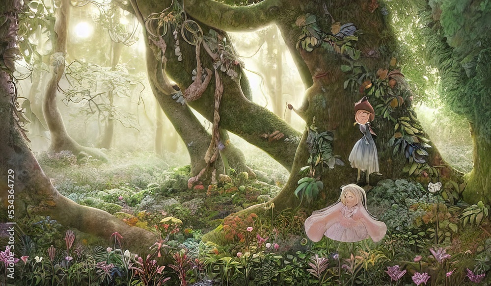 Children playing in a beautiful enchanted magic forest with big ...
