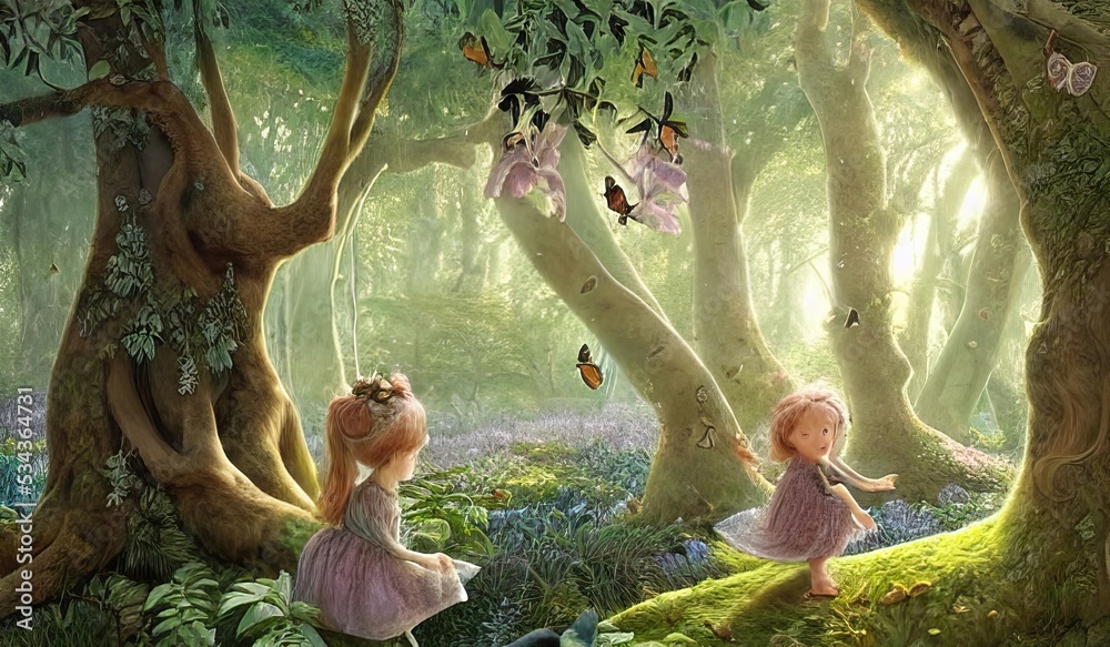 Children playing in a beautiful enchanted magic forest with big ...