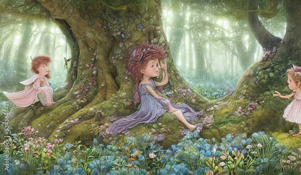 Children playing in a beautiful enchanted magic forest with big ...