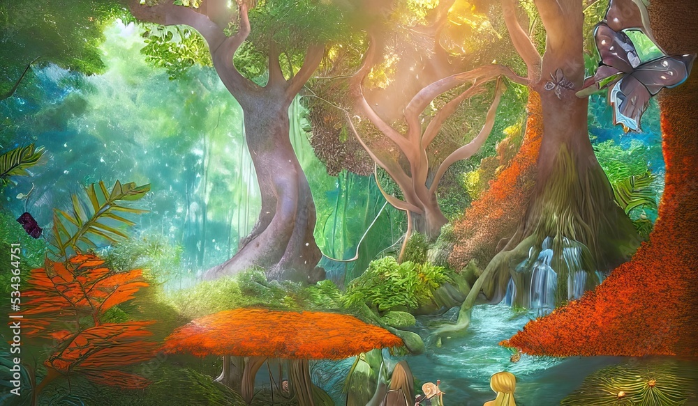 Children playing in a beautiful enchanted magic forest with big ...
