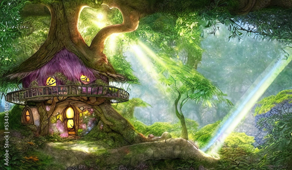 Enchanted cute fairy tree house in an old tree, magical dream fantasy ...