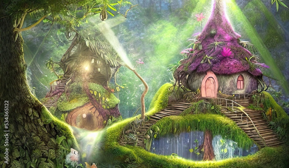 Enchanted cute fairy tree house in an old tree, magical dream fantasy ...