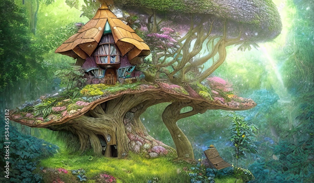 Enchanted cute fairy tree house in an old tree, magical dream fantasy forest with great ...
