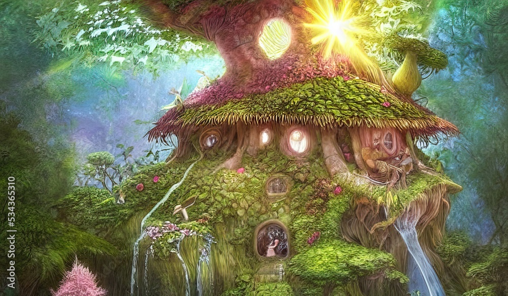 Enchanted cute fairy tree house in an old tree, magical dream fantasy ...