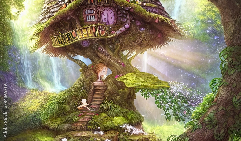 Enchanted cute fairy tree house in an old tree, magical dream fantasy ...