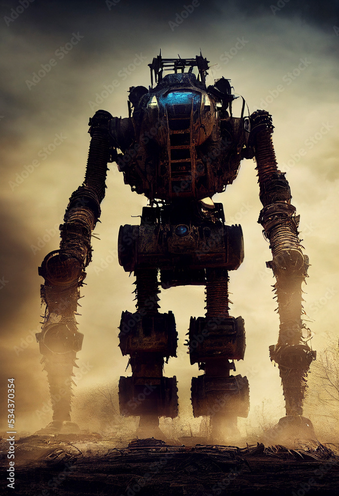Rusty mech robot, steampunk post-apocalyptic illustration Stock ...