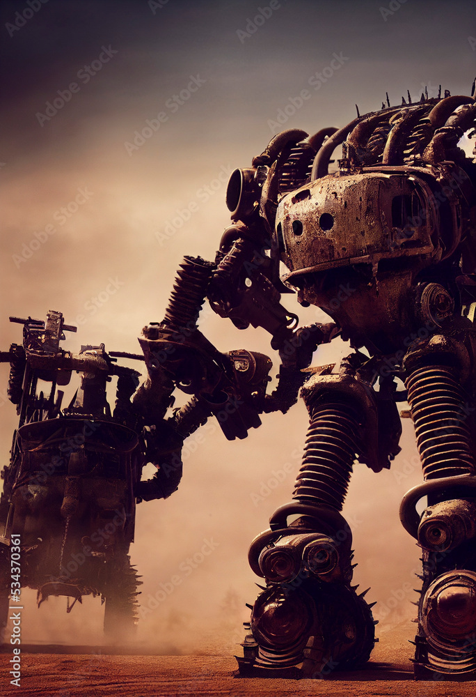 Rusty mech robot, steampunk post-apocalyptic illustration Stock ...