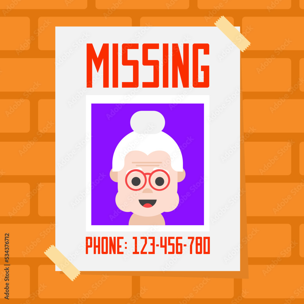 Lost person poster, missing old lady. Flat design vector illustration ...