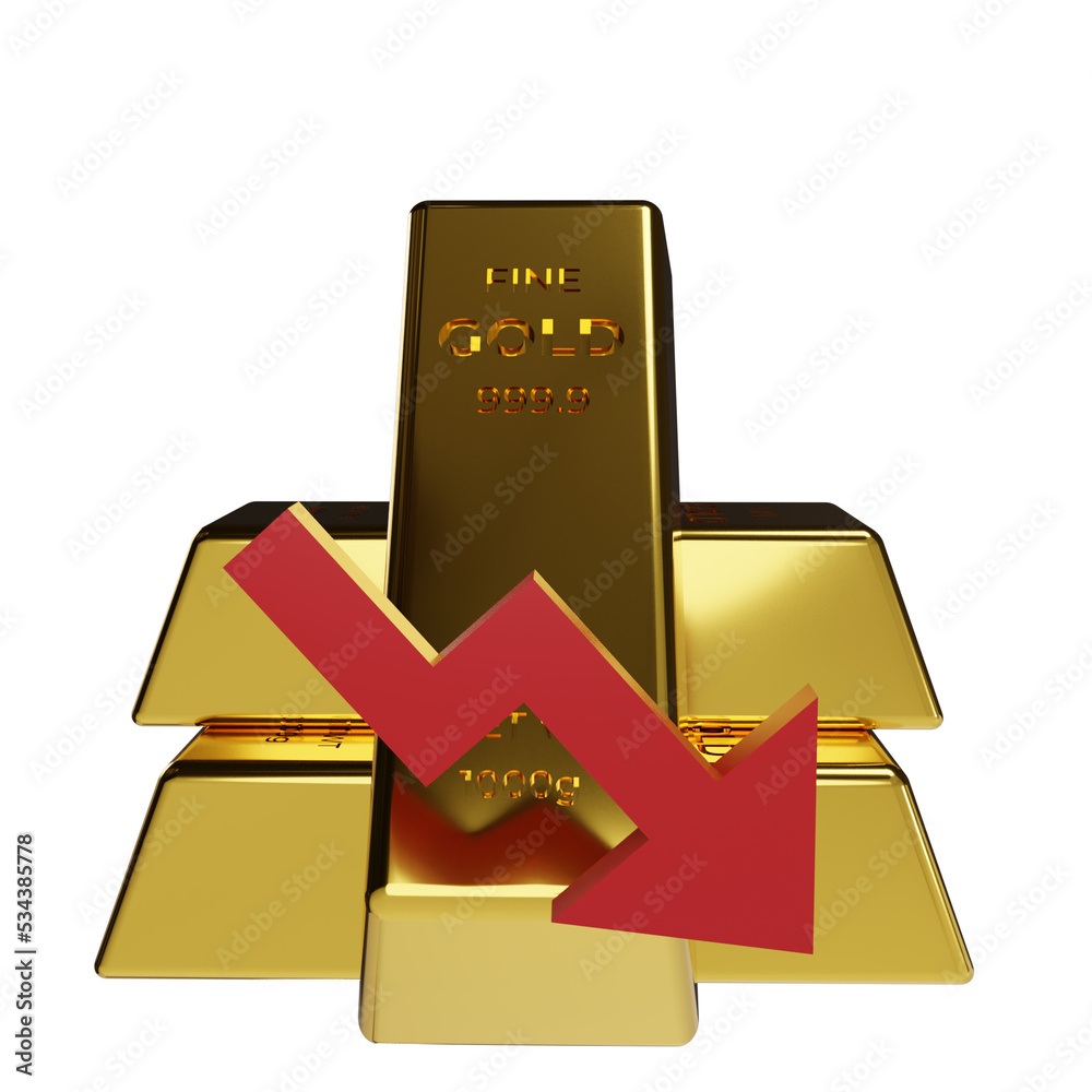 3d gold bullion and red arrow down, gold market price concept is going ...