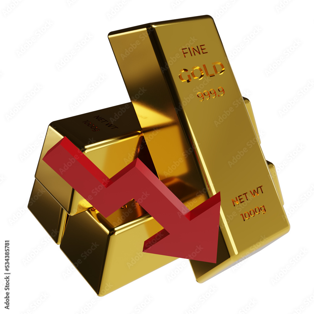 3d gold bullion and red arrow down, gold market price concept is going ...
