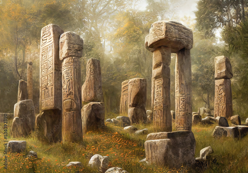 Megalithic stone structures in the forest. Stone pillars of an ancient ...