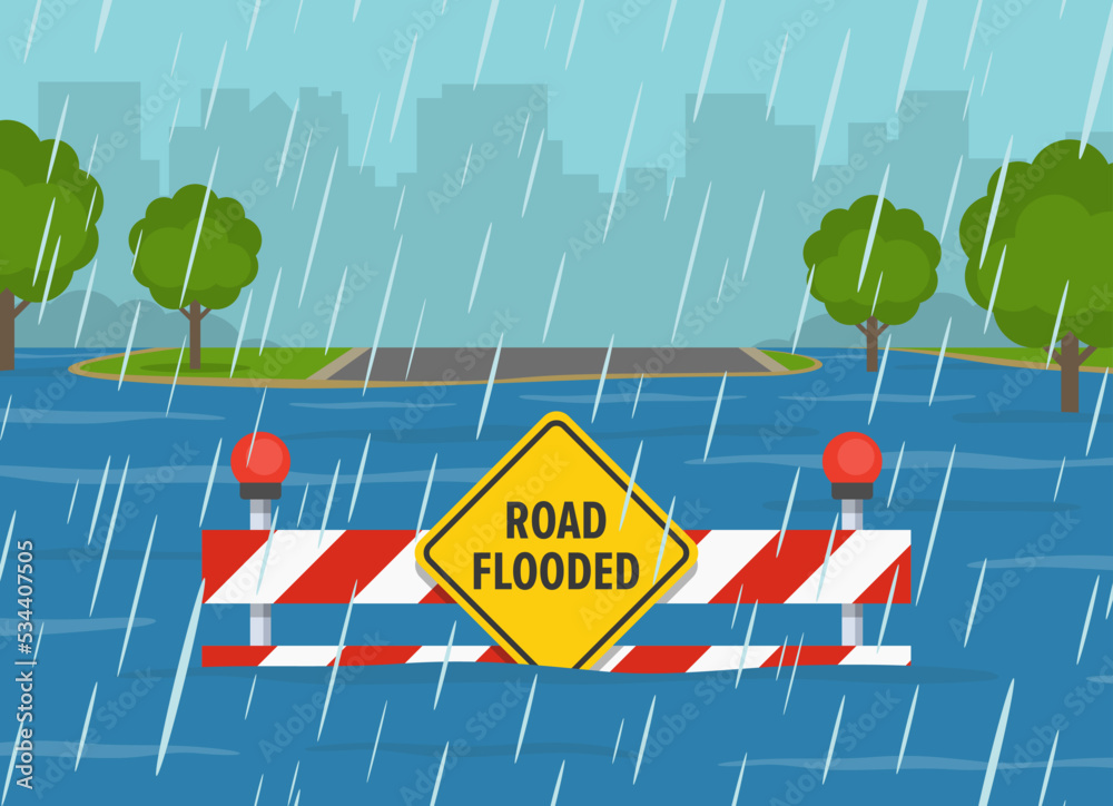 Flooded road and rainy weather conditions. Partially submerged warning ...