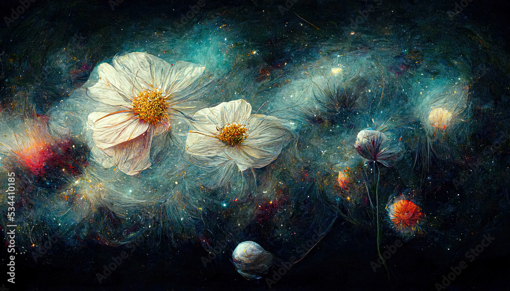 Abstract cosmic, galaxy garden artistic flower with dark, deep space ...