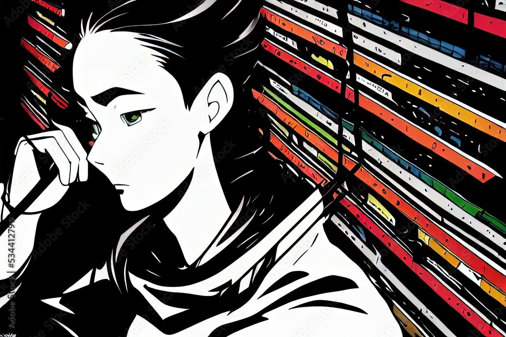 2D cel shading manga-style drawing of a computer hacker hard at work ...