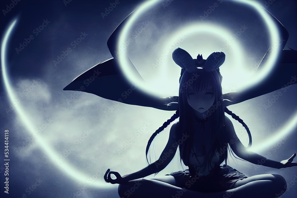 Anime-style demon girl in the darkness with backlighting from the moon ...