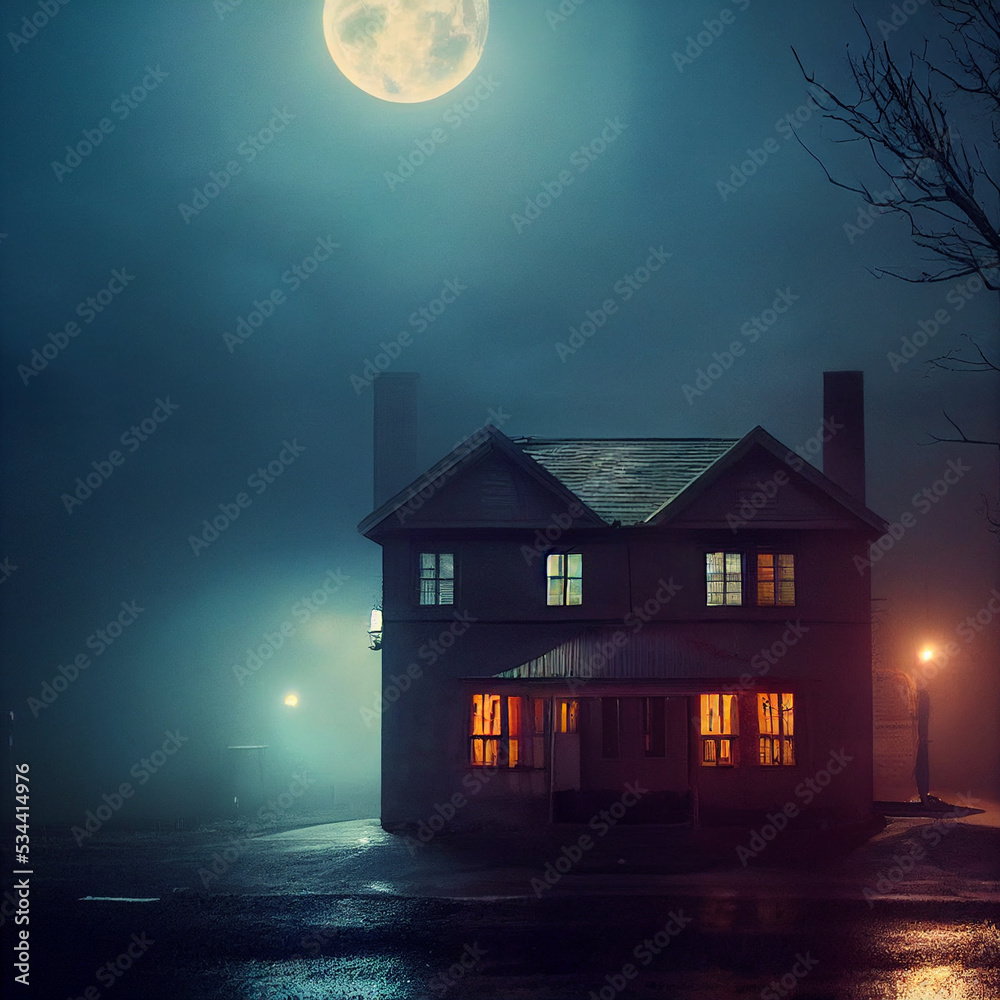 Creepy Haunted House Halloween Full Moon Stock Illustration | Adobe Stock