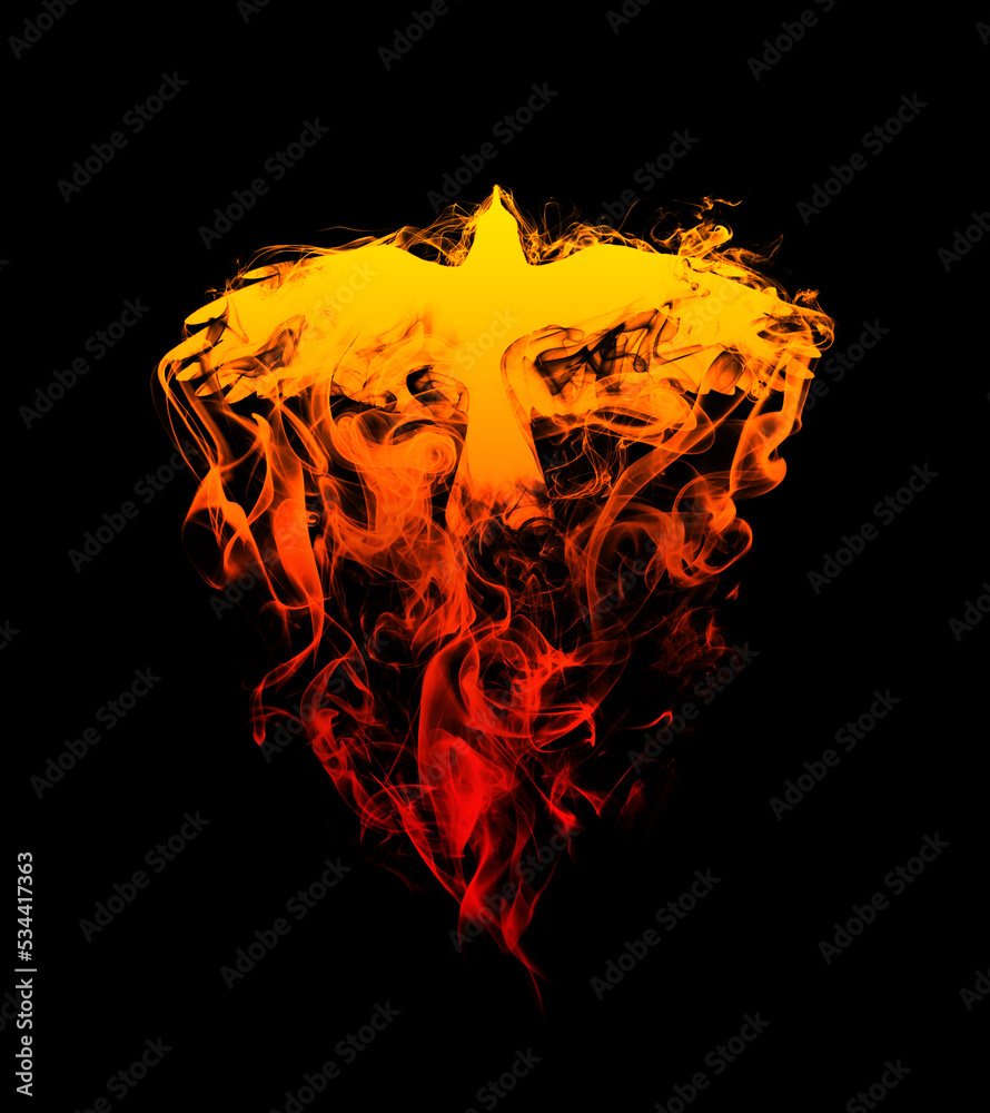 Silhouette of a flying raven with spread wings in beautiful flames ...