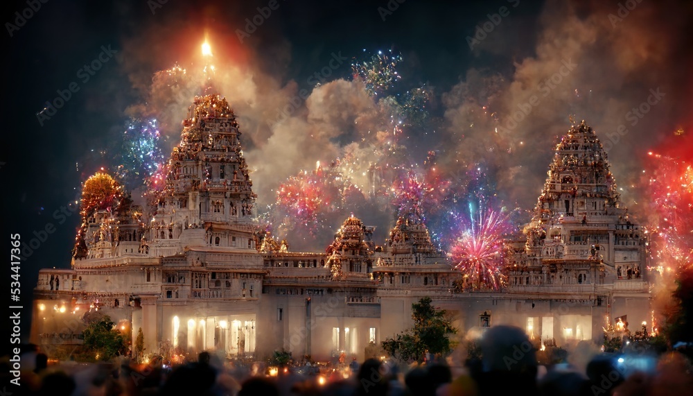 AI generated or 3D illustration of fireworks above a Hindu temple ...