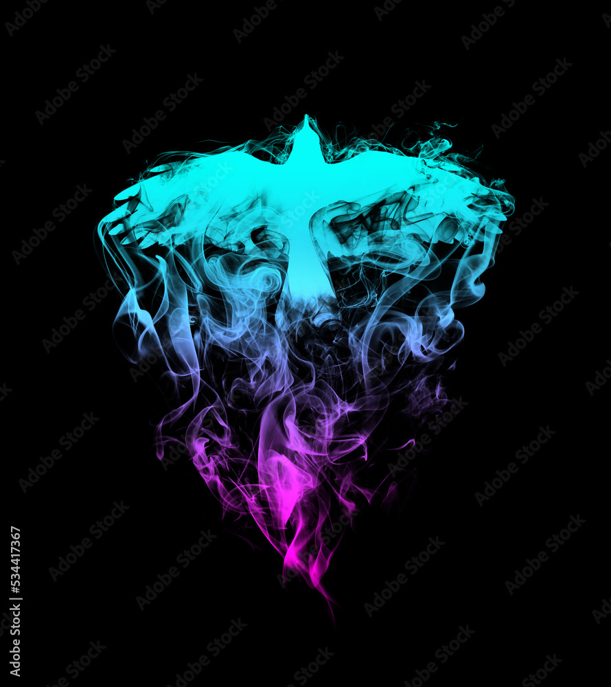 Silhouette of a flying raven with spread wings in beautiful puffs of ...