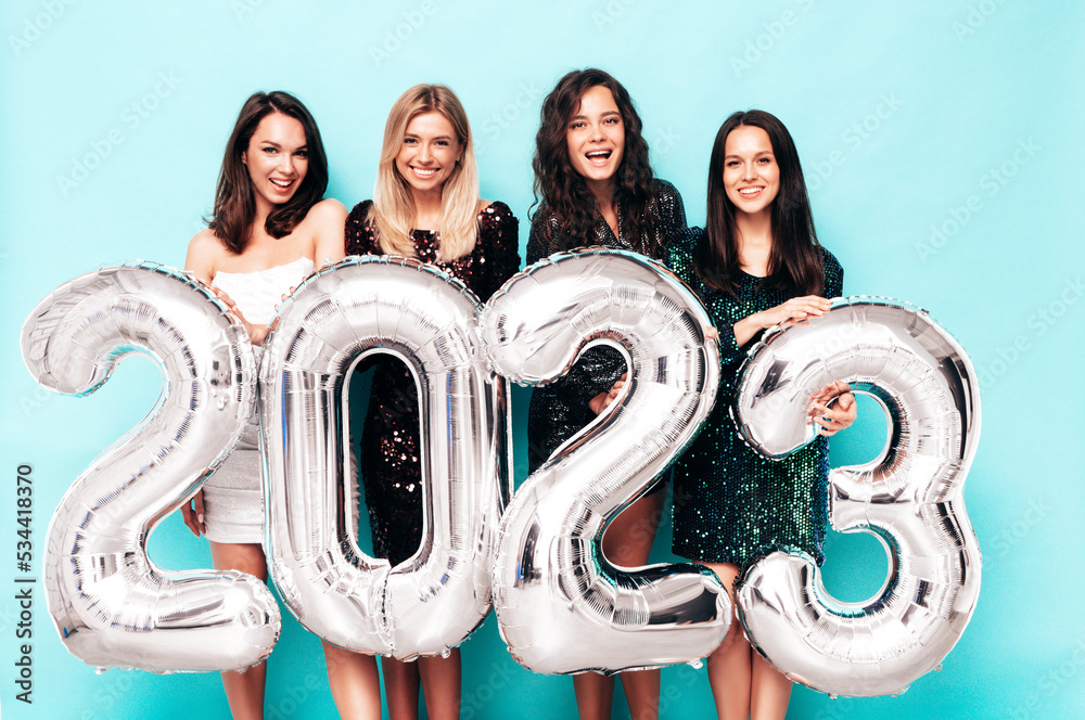 Beautiful Women Celebrating New Year Happy Gorgeous Female In Stylish Sexy Party Dresses