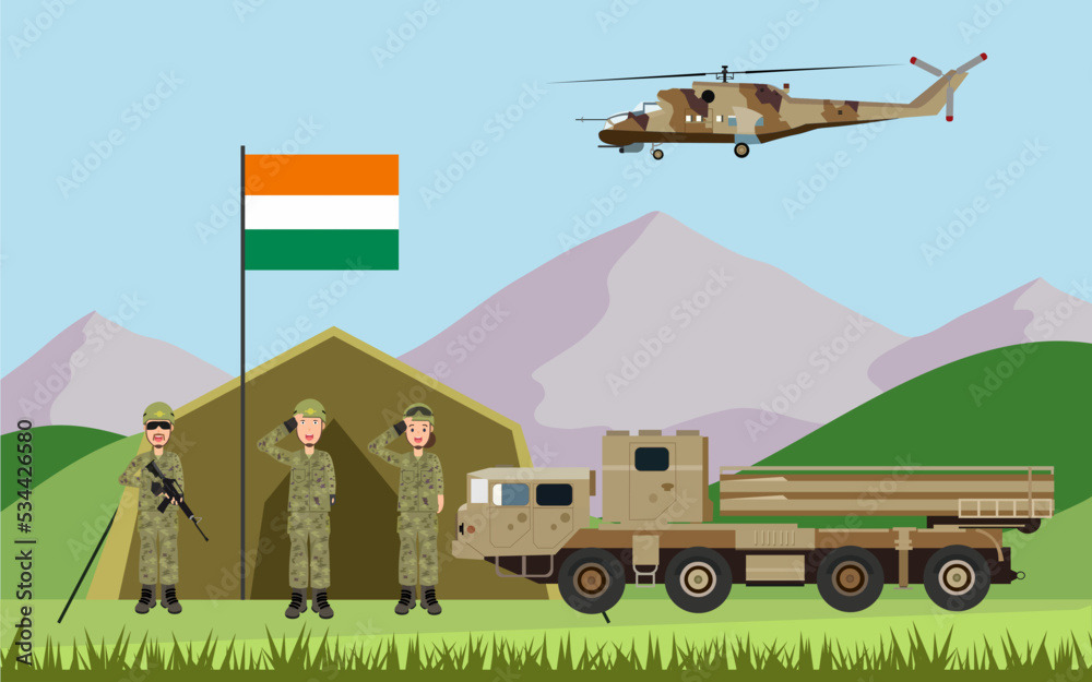 Military landscape with military camp, army tank, chopper and Indian ...