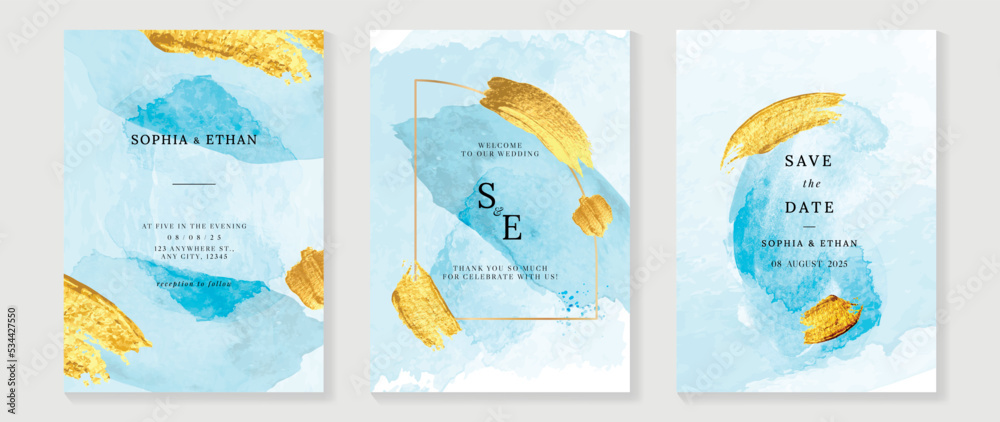 Luxury wedding invitation card template. Watercolor card with blue ...