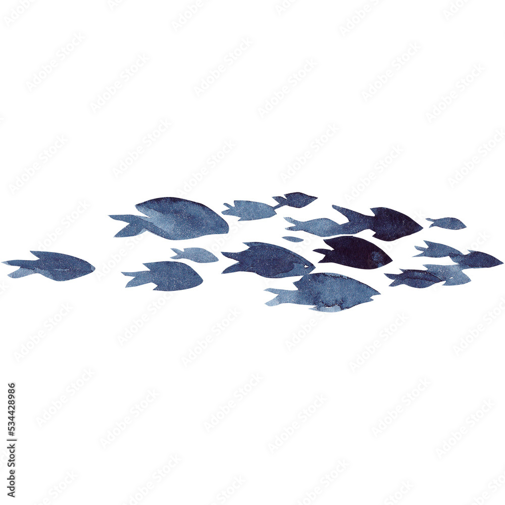 Watercolor illustration with a flock of indigo fish on a transparent ...