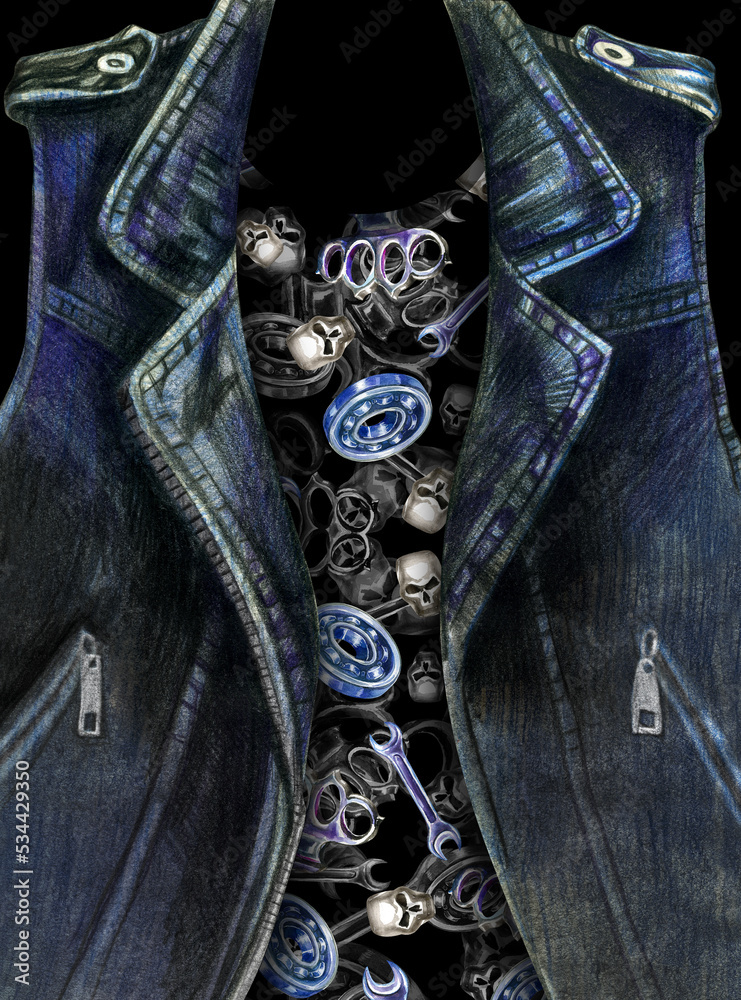 Denim vest, leather jacket. Brutal clothing. Skulls and tools. Biker ...