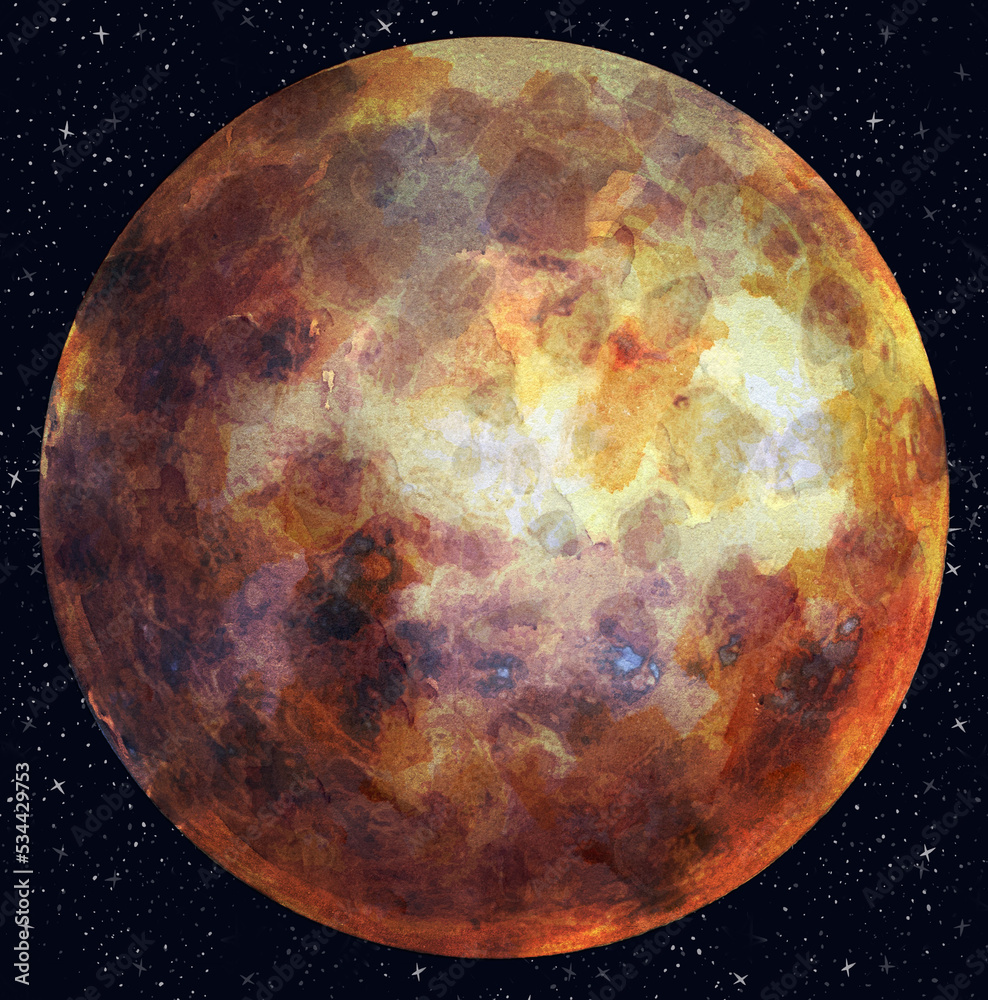 Planet Venus. Watercolor drawing of the solar system on a starry ...