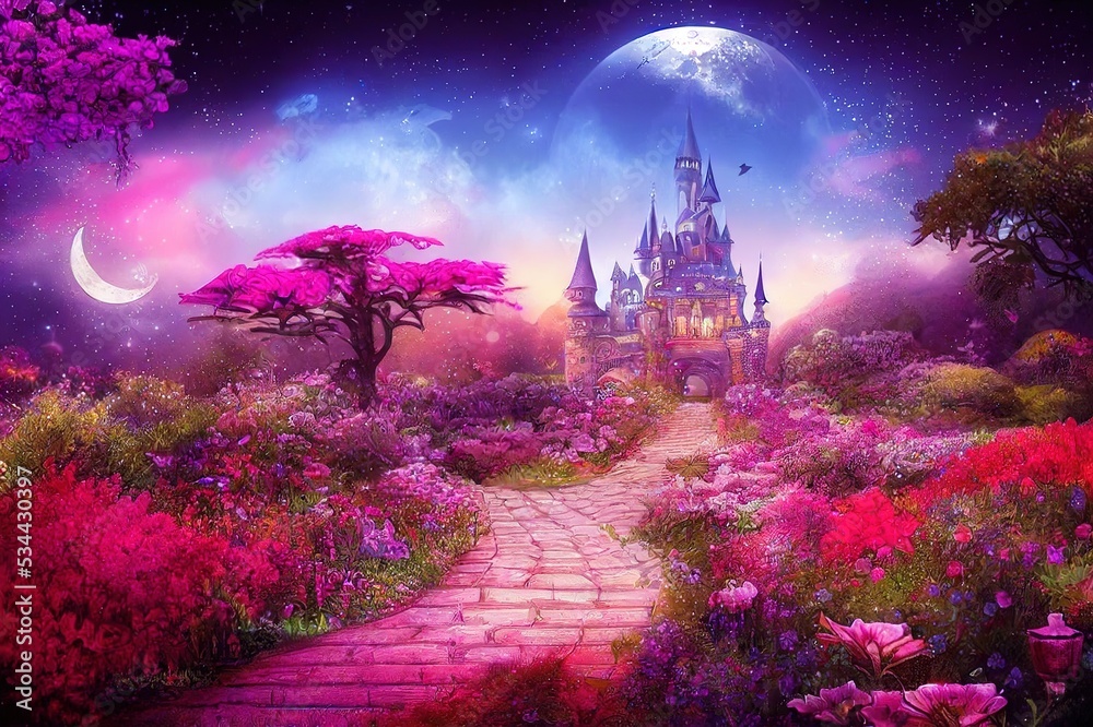 Fantasy fairytale photo background of beautiful fairy pink rose flower garden and butterflies ...