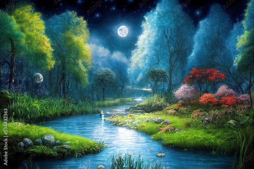 Fantasy magical enchanted fairy tale landscape with forest lake, fabulous fairytale garden ...