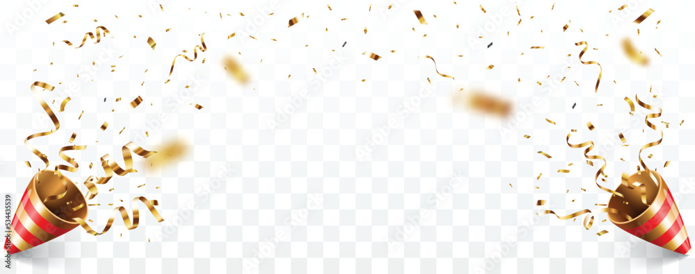 Exploding gold party popper with confetti and ribbon banner Stock ...