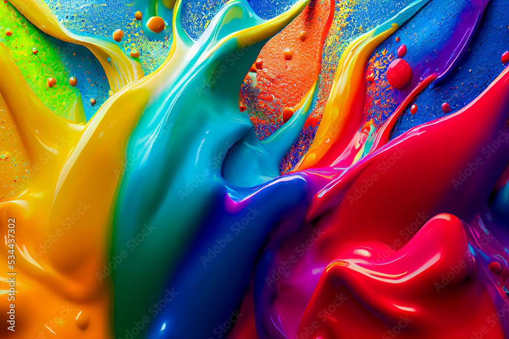 Abstract background of splashes of colored paint. Spreading liquid ...