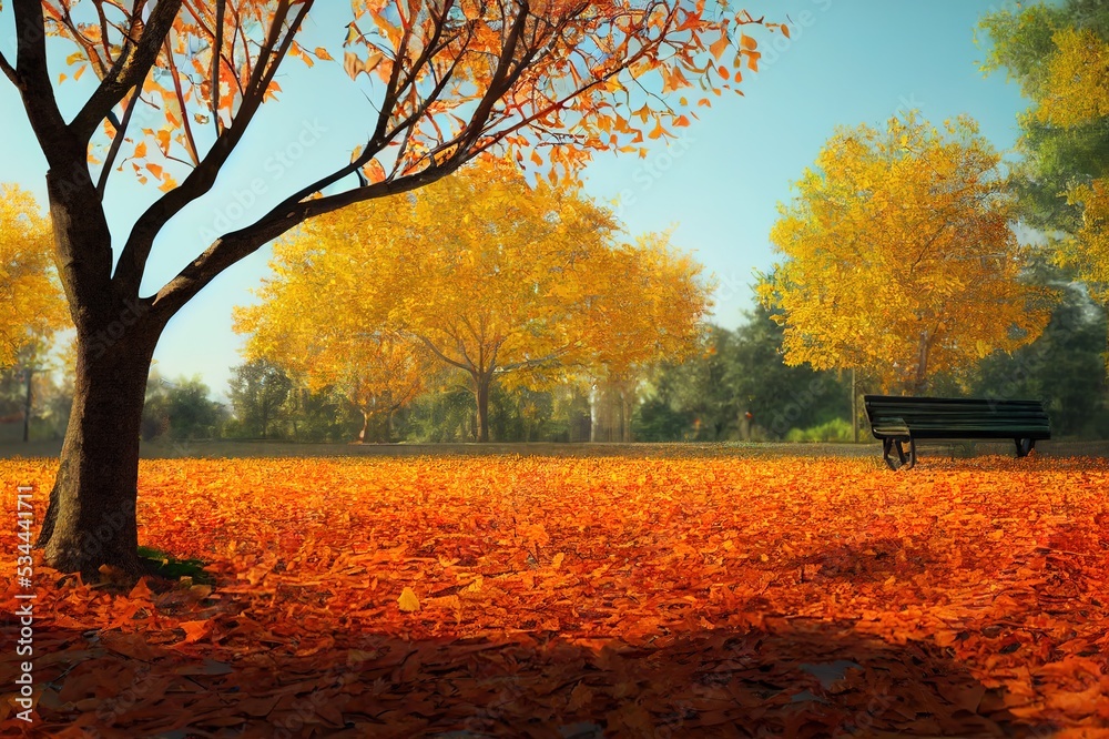 park bench under autumn tree with fallen leaves on soft studio ...