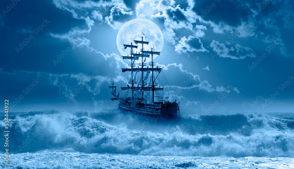 Sailing old ship in storm sea at sunset - Night sky with moon in the ...