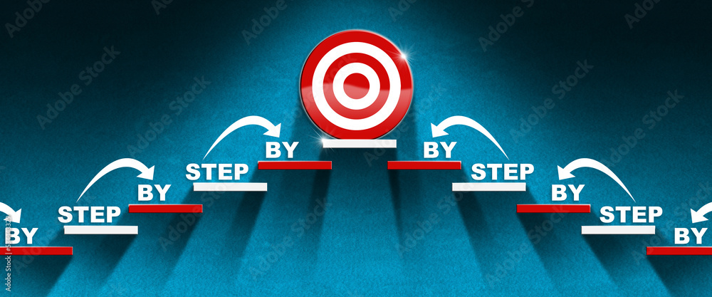 3D illustration of two stairs with red and white steps on a blue wall ...